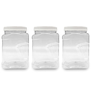 ljdeals 64 oz 1/2 Gallon Clear Empty Storage Containers with Lids, Square Plastic Canisters, Large Jars with Lids, BPA Free Plastic Jar, Wide Mouth Jar with Easy Grip Handles, Pack of 3, Made in USA
