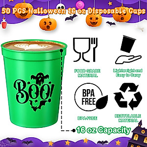 Erweicet 50 PCS Halloween Plastic Party Cups 16 oz Colorful Halloween Disposable Cups Ghost Witch 5 Colors Design Halloween Cups for Coffee Juice Wine Liquor Halloween Party Supplies