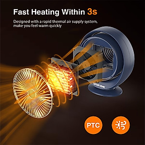 Space Heater, 800W PTC Fast Heating Ceramic Room Small Heater, Two-Speed Portable Heater Fan with Adjustable, Overheating Protection, Dumping Shutdown, Electric Heaters for Home Bedroom, Office