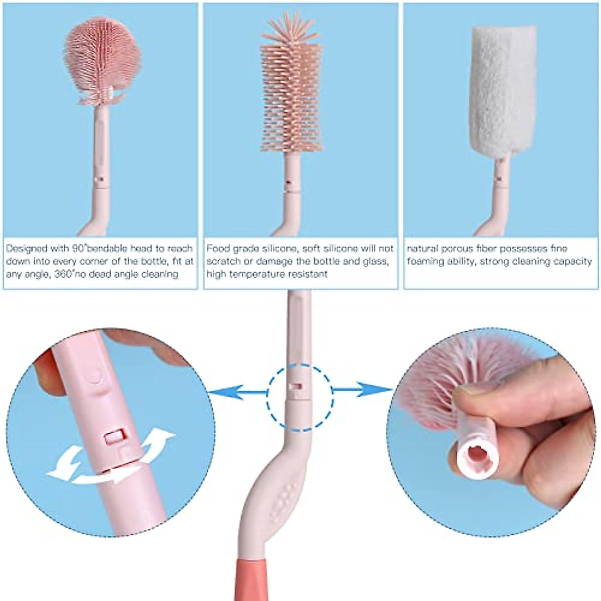 Baby Bottle Brush and Drying Rack, VOOWO Rotating Silicone Bottle Brush with Long Handle, Bottle Drying Rack with Bottle Cleaner Brush & Nipple & Straw Cleaner (Pink Rotating Brush & Drying Rack)