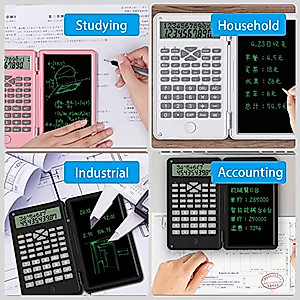 Scientific Function Calculator with Handwriting Tablet - LCD Multifunctional Calculator Memo Board Foldable for Students Exam Business Accounting Teaching (White)