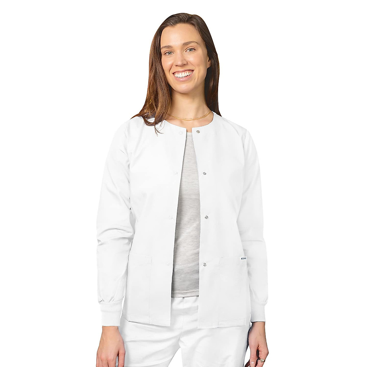 Adar Uniforms Women's Universal Round Neck Warm-Up Scrub Jacket - 602 - White - M