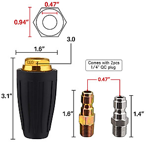 Pressure Washer Turbo Tip 3000PSI Turbo Nozzle Kit 360° Rotating Presure Washer Turbo Nozzles 1/4'' Quick Connect with 5 Nozzle Tips Kit Multiple Degrees(0, 15, 25, 40,Soap) 3.0 GPM 3.0 Orifice