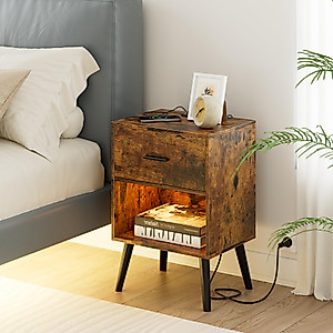 Aobafuir Nightstand with Charging Station and LED Lights, Small Side Table, Bedside Table with Drawer, Modern Night Stand, End Table for Bedroom, Living Room, Light Rustic Brown