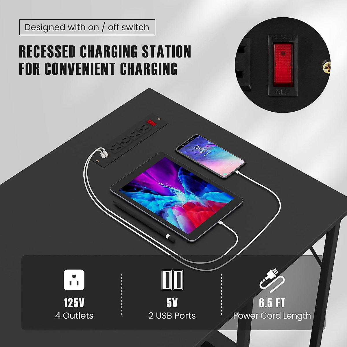 IFANNY 55’’ Computer Desk, PC Gaming Desk with Power Outlet & USB Ports, Large Home Office Desk with Storage Shelves & Steel Frame, Industrial Study Desk for Bedroom (Black)