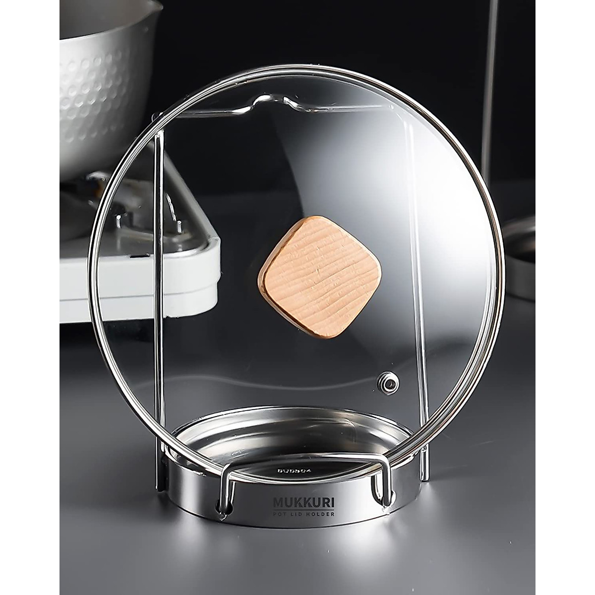 Mukkuri Pot Lid Organizer, Pot Lid Holder 304 Stainless Steel Pot Lid Stand,Lid and Spoon Rest Cutting Board Holder,Pot Lid Rack for Kitchen Utensil(Silver)