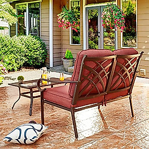 PatioFestival Patio Loveseat Bench 2-Person 6.3 Inch Cushioned Outdoor Sofa with Coffee Table All Weather Steel Frame