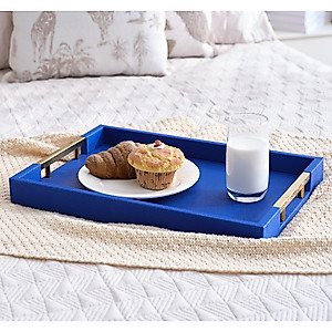 YAMILAN-17 x12 Serving Tray with Gold Polished Metal Handles,Decorative Tray for Coffee Table,Ottoman Tray for Living Room,Modern Elegant Rectangle Leather Trays for All Occasions/Devilfish/Blue
