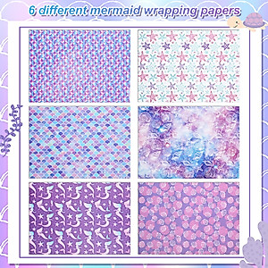 Kolldenn 12 Sheets Mermaid Gift Wrapping Paper Birthday Gift Folded Wrapping Paper 6 Styles 19.7 x 27.6 Inch Kids Mermaid Gift Box Packaging Paper for Girls Birthday Baby Shower Party Supplies