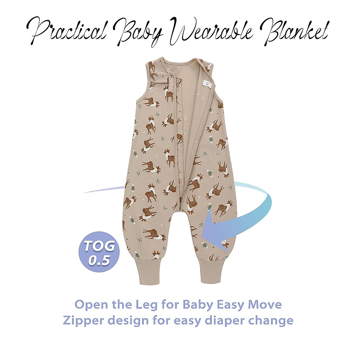 Baby Sleep Sack with Legs, TOG 0.5 Sleeveless Baby Sleeping Bag, Soft Footless Wearable Blanket Baby, 100% Cotton Sleeper Sack for Toddler Baby Boys Girls(Apricot, Deer, M(2T-3T))