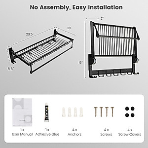 Tangkula Foldable Bathroom Shelf, Wall Mounted Bathroom Shelf Rack w/Adjustable Bar & Movable Hooks, Rustproof & Waterproof Space-Aluminum Holder Organizer, No Assembly Required (Black)
