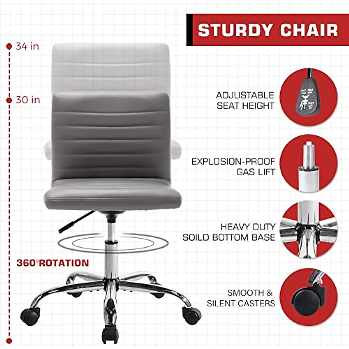 HOMEFLA PU Leather Office Armless-Computer Swivel Rolling Task Home Low Back Makeup Ribbed Desk Chair with Wheels for Bedroom Conference Reception Room (Grey, Retro)