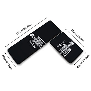 YouTary Rock and Roll Skeleton Skull Boho Hippie Pattern Kitchen Rug Set 2 PCS Floor Mats Washable Non-Slip Soft Flannel Runner Rug Doormat Carpet for Kitchen Bathroom Laundry