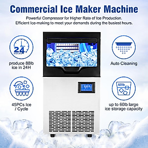 Commercial Ice Maker Machine,Freestanding/Under Counter Stainless Steel Ice Machine,100Lbs/24 Hour with 35Lbs Ice Storage Capacity, Perfect for Restaurant/Bar/Cafe/Shop/Home/Office