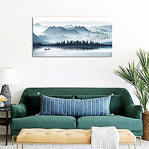 arteWOODS Indigo Canvas Wall Art Misty Mountain Wall Pictures Foggy Lake Boat Canvas Painting Grey Blue Forest Birds Canvas Wall Decor for Living Room Wall Decorations 20" x 40"