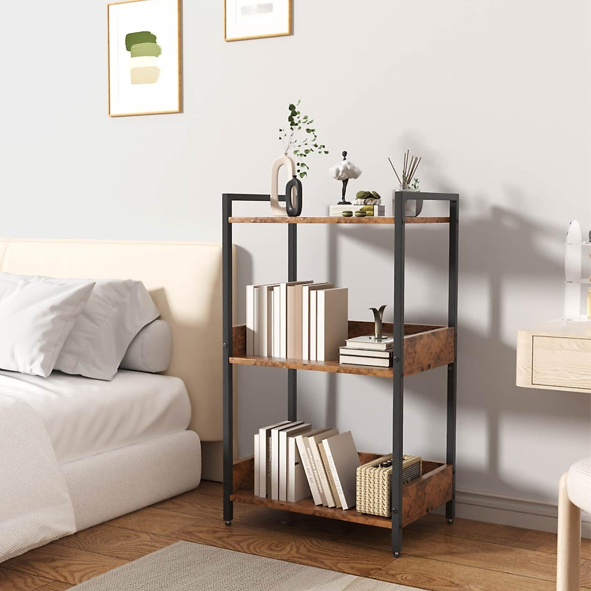 YSVCO Bookshelf, 3 Tier Industrial Small Book Shelf, Small Storage Bookcase with Organizer, Freestanding Open Shelf for Small Spaces, Bedroom, Living Room, Retro Brown BS70FB