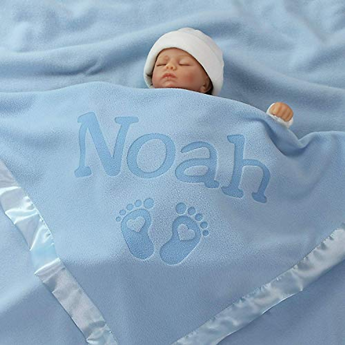 Custom Catch Personalized Newborn Gift Baby Blanket for Girl - Name with Infant Heart Feet Design - Pink or Blue (1 Line Text)