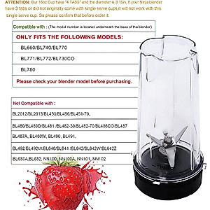 Replacement Parts Compatible with Nutri Ninja, Blender Blade 6 Fins and 2 Pcs 16oz Single Serve Blender Cup Set Compatible with Ninja BL660 BL740 BL770 BL780 BL771 BL772 BL773CO