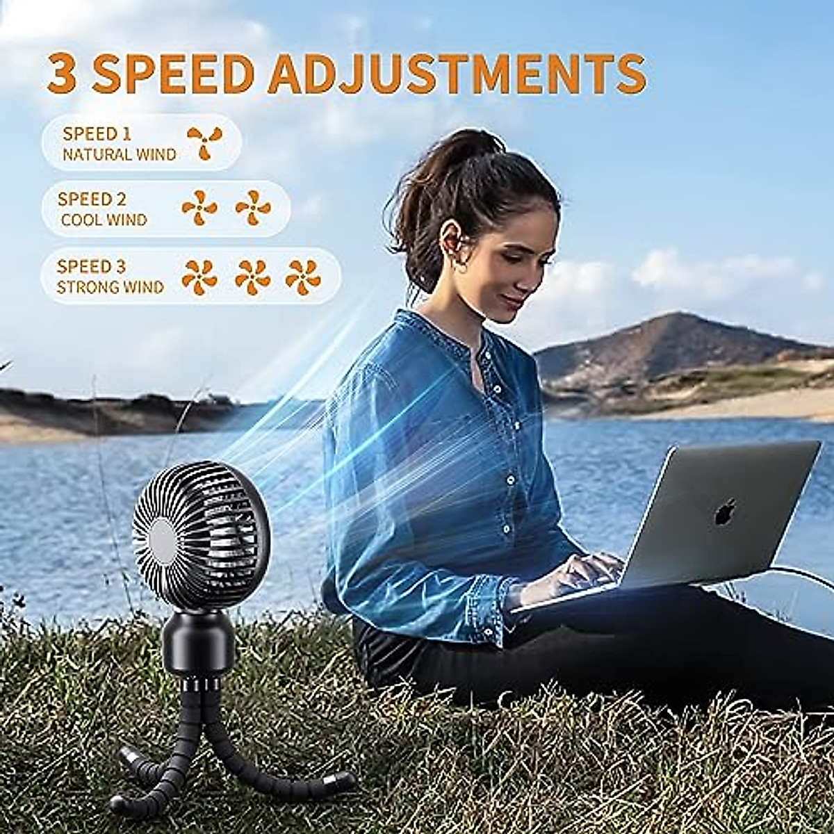 4000mah Stroller Rotatable Operated Fan,Flexible Tripod Clip On Fan with 3 Speeds and Handheld Personal Fan for Car Seat Crib Bike Treadmill