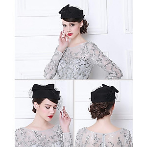 Z&X Winter Wool Fascinator British Pillbox Hat Women Wedding Church Derby Beret Hat Veil Bow Fedoras Black