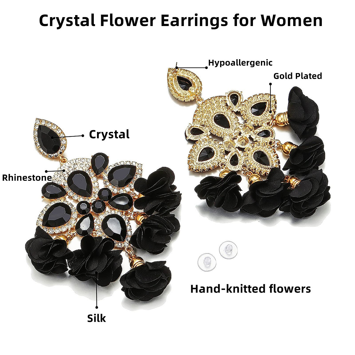 BOBOWINGS Black Earrings for Women, Big Crystal Rhinestones Flower Tassel Dangle Balck and Gold Statement Handmade Earrings Trendy