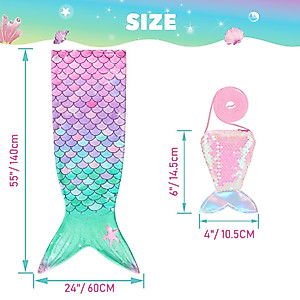WERNNSAI Mermaid Tail Blanket for Girls Kids - Mermaid Wearable Blankets with Sequin Coin Purse All Seasons Mermaid Tails Sleeping Bags Soft Flannel Snuggle Blanket Birthday Gift Set (Pink & Green)