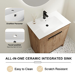 Pvillez 30 inch Bathroom Vanity with Sink Combo, 30" Pedestal Bathroom Vanity Cabinet with Ceramic Basin Sink Top & Soft Close Door, Freestanding Modern Bathroom Vanity for Small Space, Imitative Oak