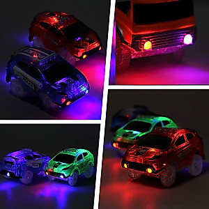 Tracks Cars Only Replacement, Flex Track Race cars for Magic Tracks Glow in the Dark, LED Lights Up Battery Operated Snap N Glow Trax cars Accessories, Compatible with Most Car Tracks for Kids (4pack