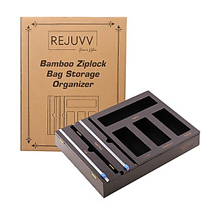 Rejuvv Bamboo 6 IN 1 Foil And Wrap Dispenser With Food Storage Bag Organizer for Kitchen Drawer, Foil And Baggie Organizer, Compatible With Wrap, Foil, Gallon, Quart, Snack Bags (Black)