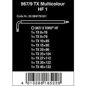 Wera 05024179001 Torx L-Key Set 967 Sl/9 with Holding Function,MULTI