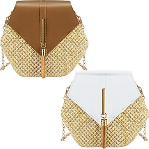 2 Pieces Straw Bag Straw Purse for Women Cute Crossbody Shoulder Bag Boho Woven Summer Vacation Beach Purse Hex Shape Straw Rattan PU Handbag Clutch (White, Brown)