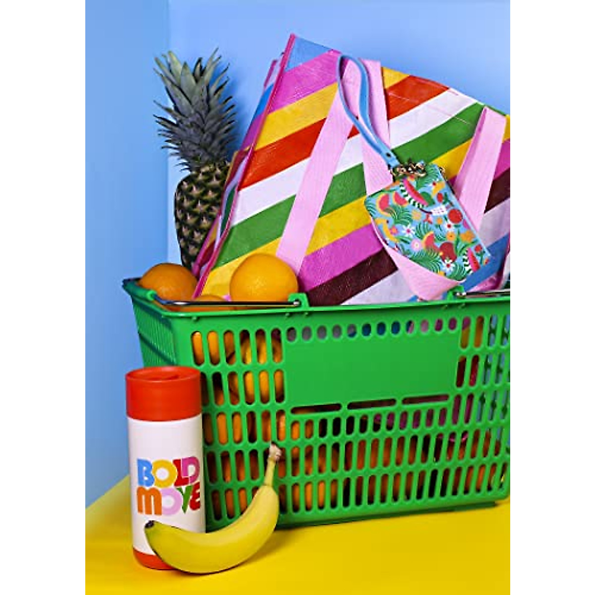 ban.do Foldable Market Tote, Reusable Grocery Bag with Shoulder Straps, Large Tote for Beach, Produce, or Shopping (Rainbow Stripe)