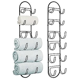mDesign Steel Wall Mount Towel Rack with 6 Compartments - Towel Holder and Towel Storage Shelf Organizer for Bathroom, Powder Room - Concerto Collection - 2 Pack - Black