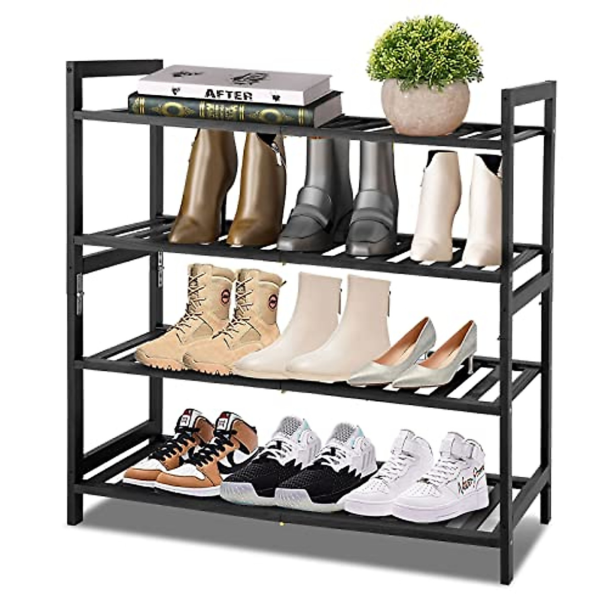 AKEYDIY Wooden Shoe Rack, 4 Tier Natural Pine Wooden Shoe Shelf, Slippers/Sneaker Rack Multi-Function Storage Organizer, Durable and Stable Free Standing Shoe Racks for Bedroom Closet (Wood)