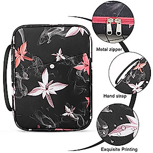 QTKJ Black Bible Covers for Women with Carrying Handle, Book Cover Case with Zipper Pocket Bible Cover for Mom Ladies Teens Girls, Red and White Floral Pattern