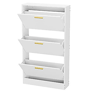 RESOM 3-Tier White Shoe Cabinet with Flip Drawers, Narrow Shoe Storage Rack, Modern Free Standing Tipping Bucket Shoe Organizer Cabinet for Entryway