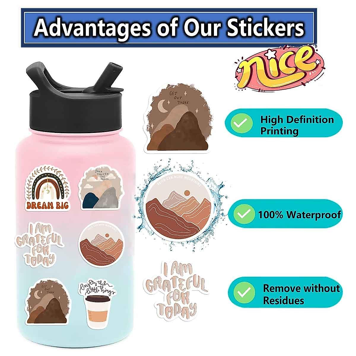Vintage Inspirational Stickers 50Pcs, Boho Motivational Aesthetic Stickers for Women Adults Kids Teen Teachers, Retro Vinyl Waterproof Positive Decals for Laptop Water Bottles Phone Scrapbook Journal