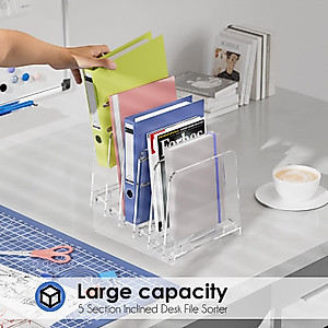 MaxGear Incline File Organizer File Holder 5 Sections, File Folder Holder for Desk Acrylic File Organizer Sorter Vertical File Rack File Stand Document Sorter for Office, School, Home, Clear