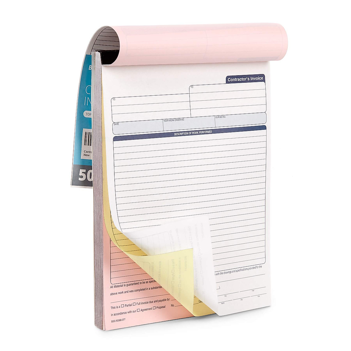 Blue Summit Supplies Contractors Invoice Book, 3 Part Carbonless Forms with White, Yellow, and Pink Copies, Work Order Receipt Book with Blank Invoice Sheets, 8-3/8 x 11-5/8 inch, 50 Pack