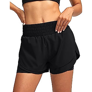 Soothfeel Women's 2 in 1 Running Shorts High Waisted Athletic Shorts Exercise Gym Workout Shorts for Women with Pockets Black