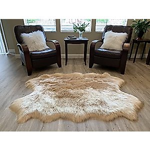 LAMBZY Faux Sheepskin Super Soft Hypoallergenic Silky Shag Rug for Living Room, Kids Room, Sofa (Quarto 4 Pelts 4'x6', Beige)