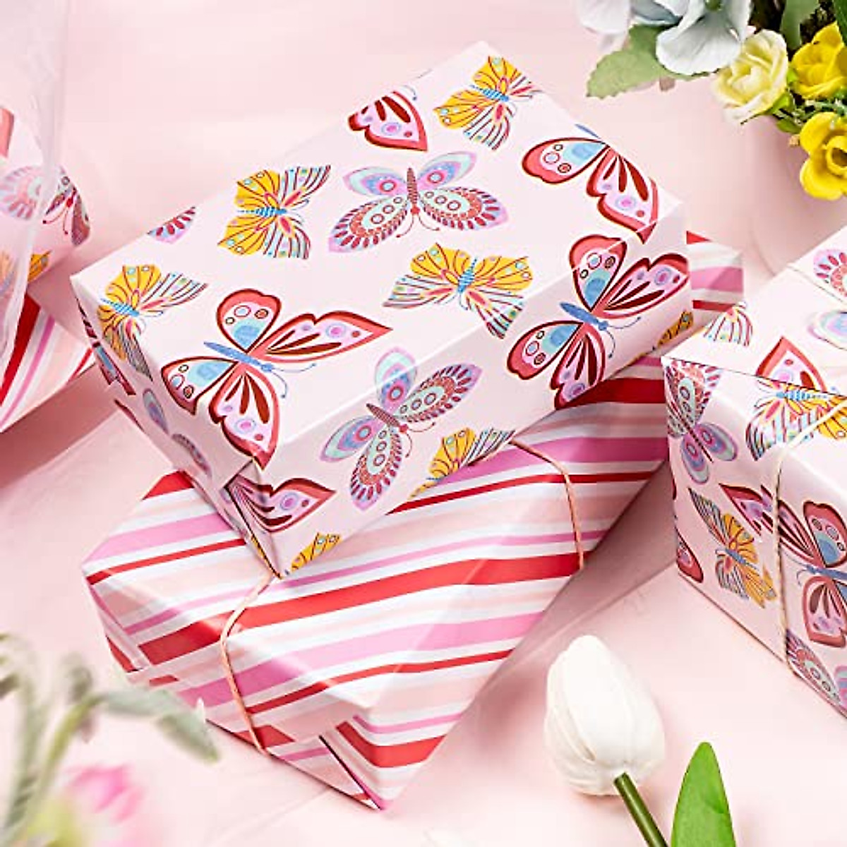 WRAPAHOLIC Reversible Wrapping Paper - Mini Roll - 17 Inch X 33 Feet - Butterfly Design, Perfect for Birthday, Party, Holiday, Wedding, Baby Shower