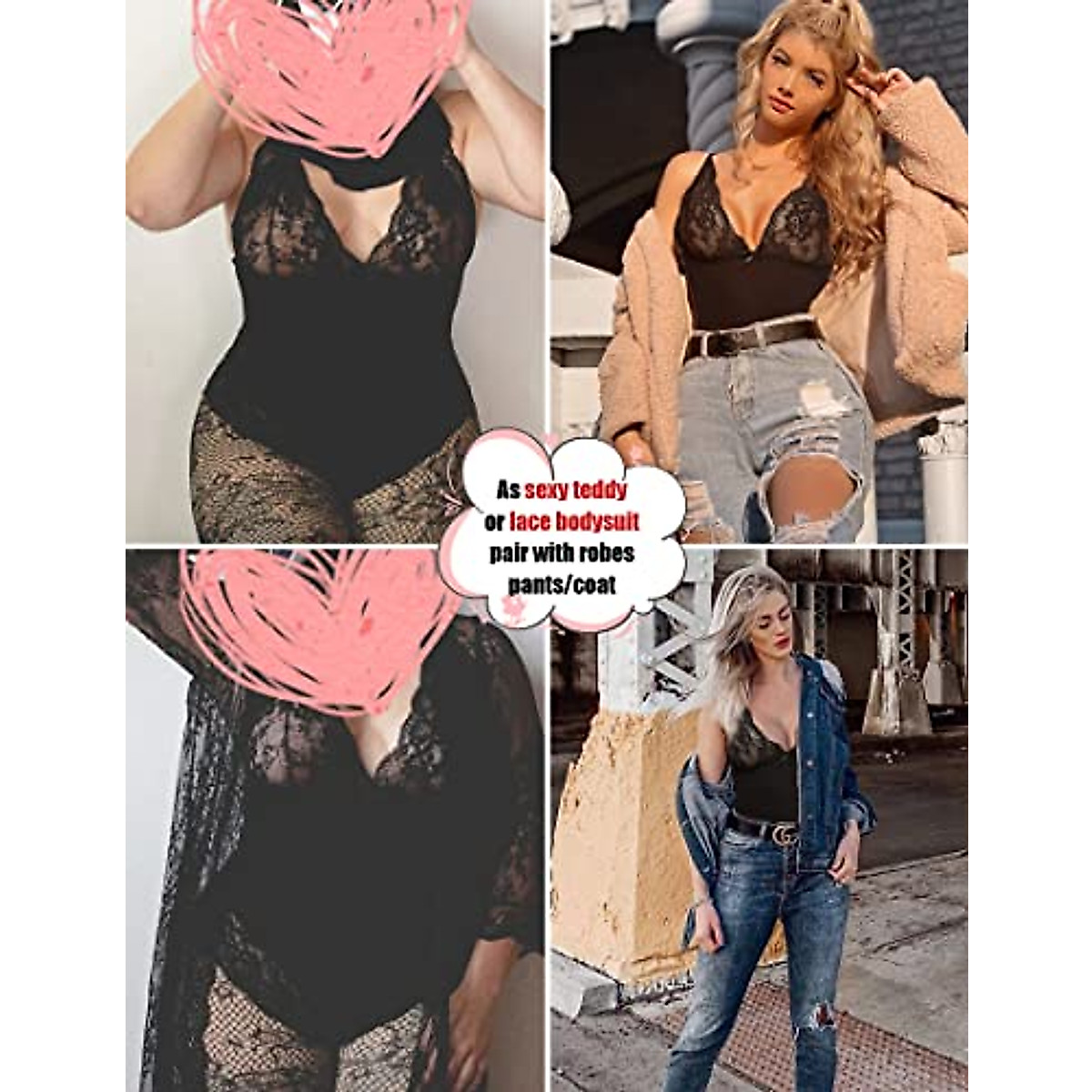 Avidlove Women Lingerie Bodysuit Snap Crotch Teddy One Piece Babydoll (Black,M)