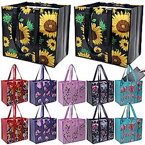 BeeGreen Flowers Extra Large Tote Bag Reusable Bags 12 Pack with Reinforced Handles And Removable Bottom Foldable Bulk for Christmas Kitchen Groceries Heavy Duty Shopping Bags Reusable Produce Bags