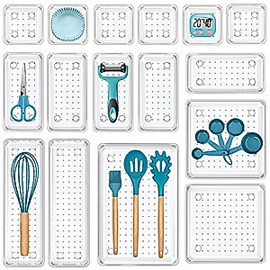JARLINK 16 Pack Desk Drawer Organizer Trays with 5 Different Sizes, Versatile Bathroom and Vanity Drawer Organizer Trays, Multipurpose Plastic Storage Bins for Makeup, Kitchen, and Office Supplies