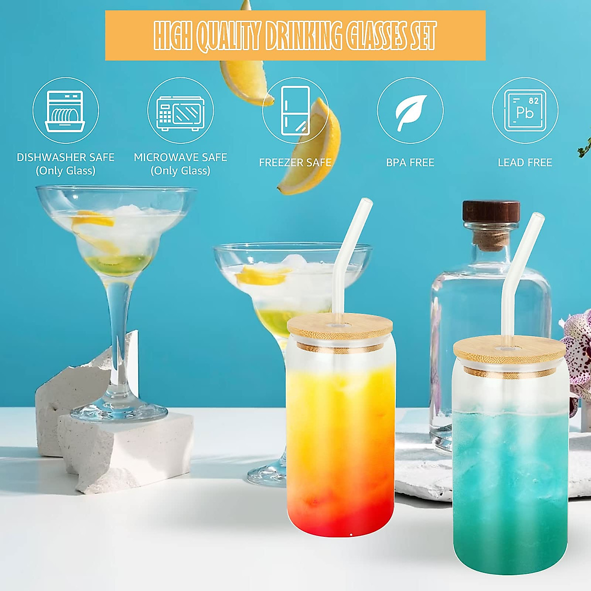 ABuff 8 Pcs Can Shaped Glass Cups with Lids and Straws 16 Oz Beer Can Glass cups Iced coffee cups with Bamboo lids and straws, Mason Glass Tumbler for Soda Smoothie Boba Cocktail - with 2 Brushes