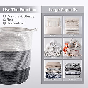 INDRESSME 17¾ x 15¾ x 13¾ inches Grey Baby Laundry Basket Thread Cotton Rope Basket Toy Storage Basket Organizer Tall Woven Basket Blanket Storage Baby Laundry Nursery Hamper for Living Room Toy Gifts