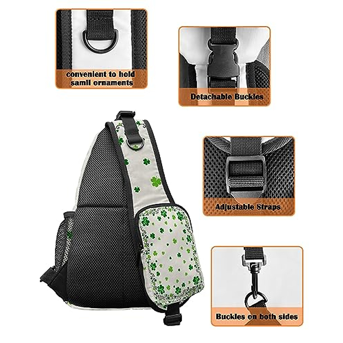 Sling Backpack, St. Patrick's Day LUCKY Green Clover Rustic Cotton Linen Background Waterproof Lightweight Small Sling Bag, Travel Chest Bag Crossbody Shoulder Bag Hiking Daypack for Women Men