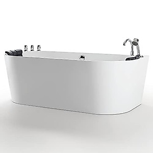 Whirlpool Bathtub 59 in. Acrylic Freestanding Bath Tub Hydromassage Gracefully Oval Shaped 8 Water Jets Soaking SPA, Double-Ended Massage Bathtubs with Two Black Pillow , White