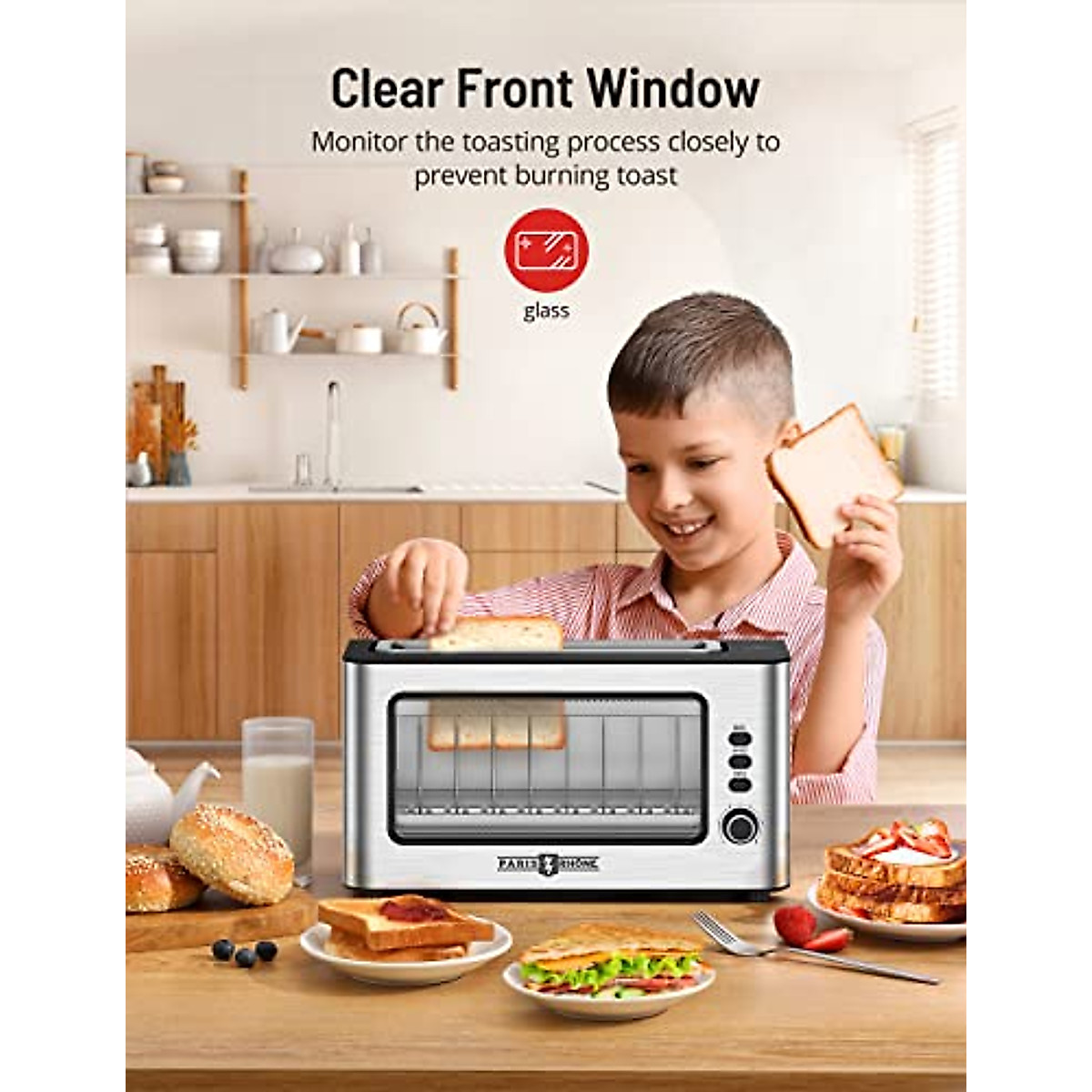 Toaster, Paris Rhône Toaster 2 Slice Extra Wide Long Slot Retro Toaster with Easy View Window, 6 Browning Levels, Easy to Clean, Auto Shutoff, Stainless Steel Silver Toaster for Bagels, Waffles (Silver)